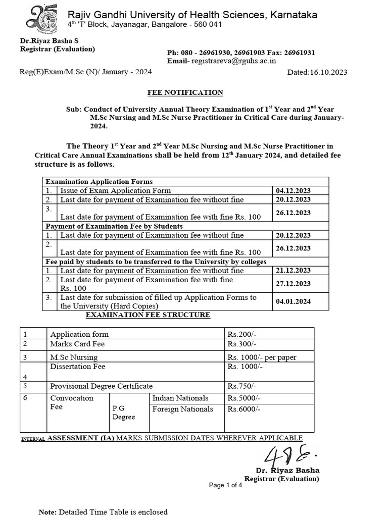 Fee Notification Time Table For | PDF | Nursing | Fee