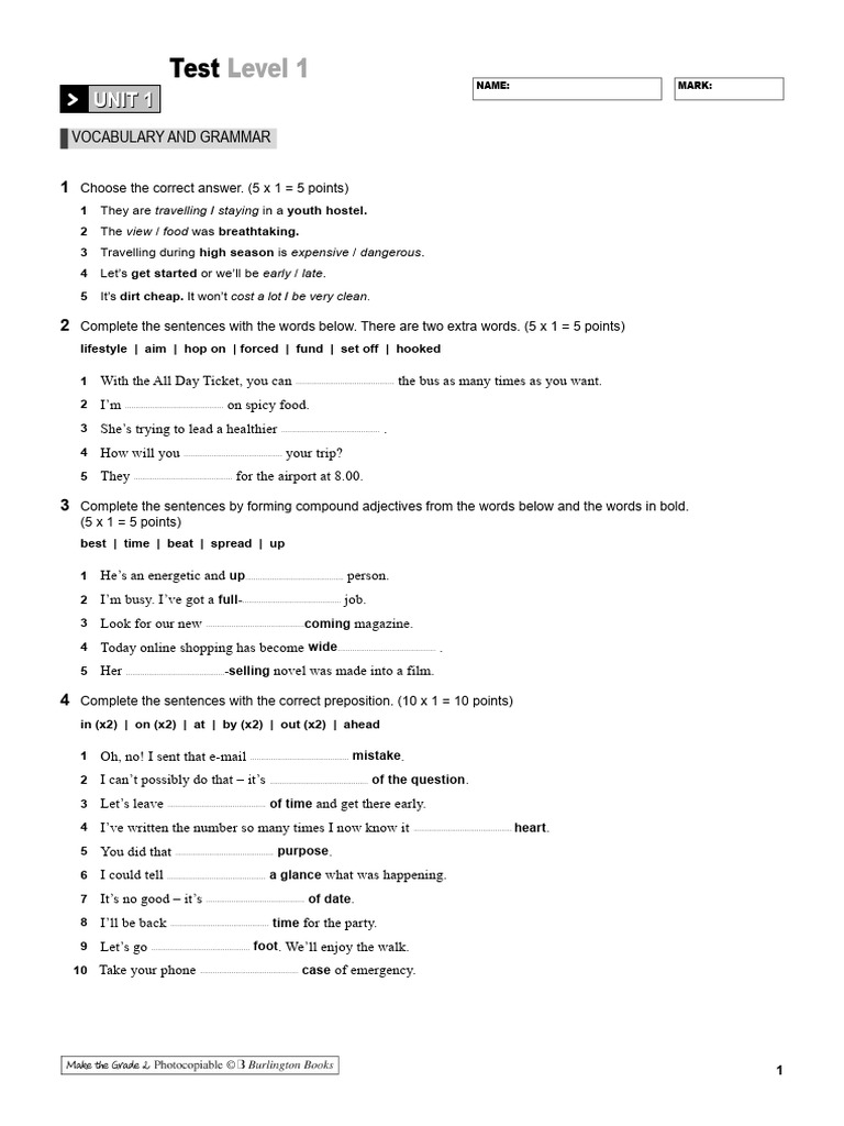 01MakeTheGrade2 Unit1 TestLevel1 | PDF | Language Mechanics | Syntax