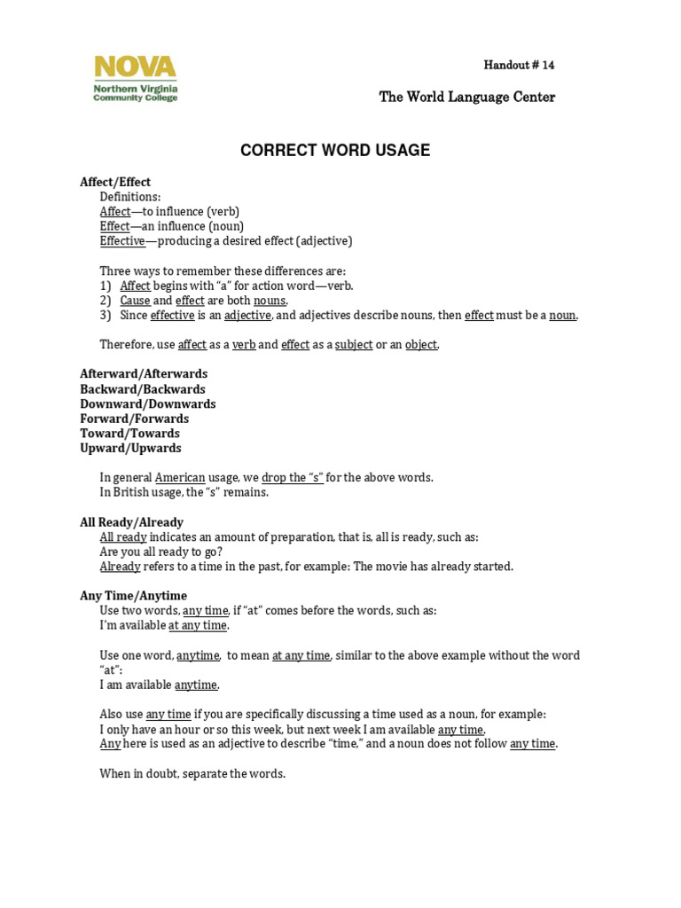 Correct Word Usage Document | PDF | Noun | Verb