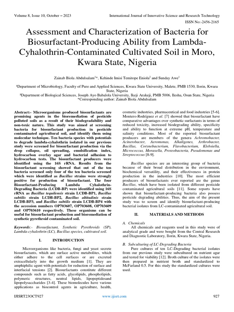 Assessment and Characterization of Bacteria For Biosurfactant-Producing Ability From Lambda ...