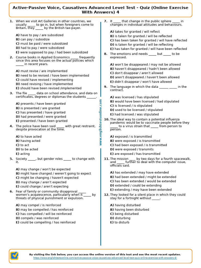 334 Active Passive Voice Causatives Advanced Level Test Quiz Online ...