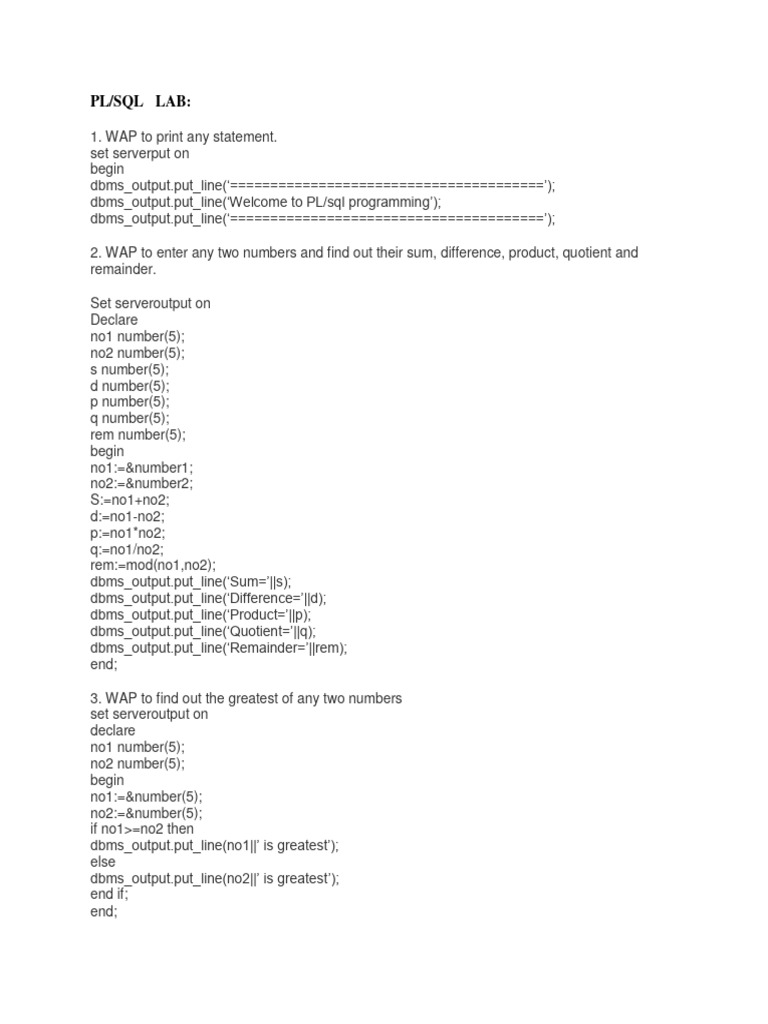 PL/SQL Lab | PDF | Table (Database) | Pl/Sql