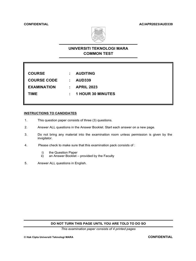 UiTM Auditing Exam Guide | PDF | Audit | Financial Audit