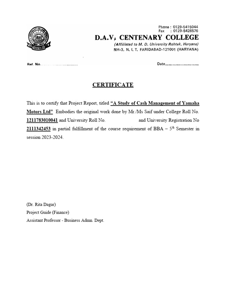 Cash Management Study Certificate - Yamaha | PDF | Finance & Money ...
