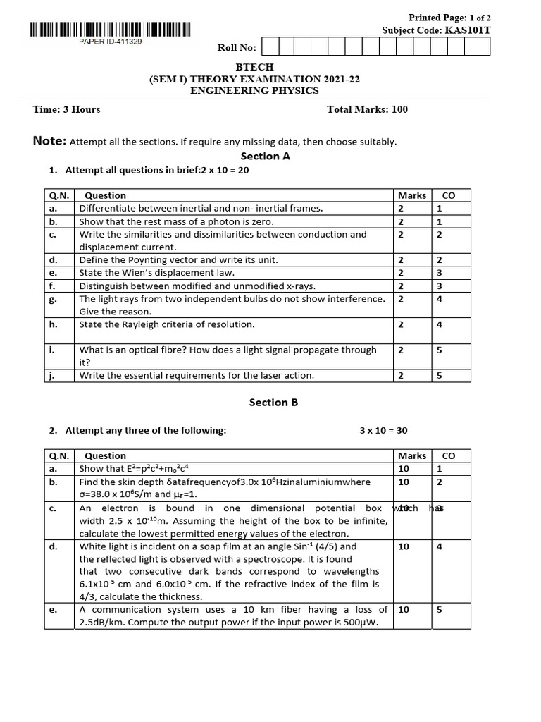 Btech 1 Sem Engineering Physics Kas101t 2022 | PDF | Electron | Electromagnetic Radiation