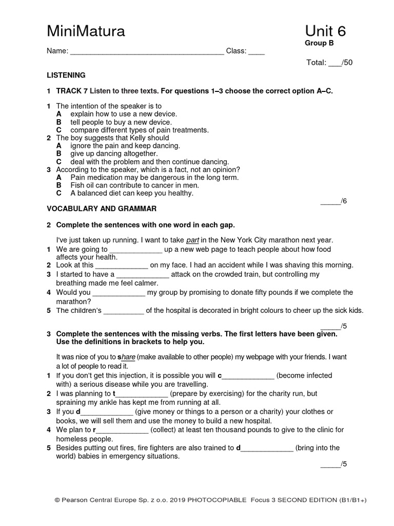 Focus 3 Unit 6 Test Group B | PDF | Wellness