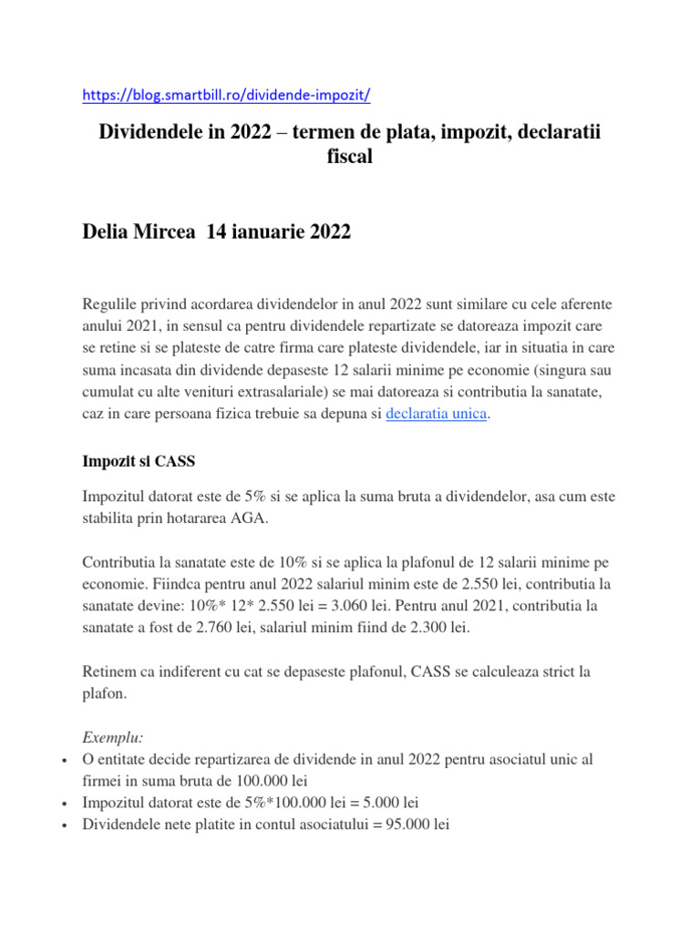 Dividende 2022: Impozit și Termene | PDF