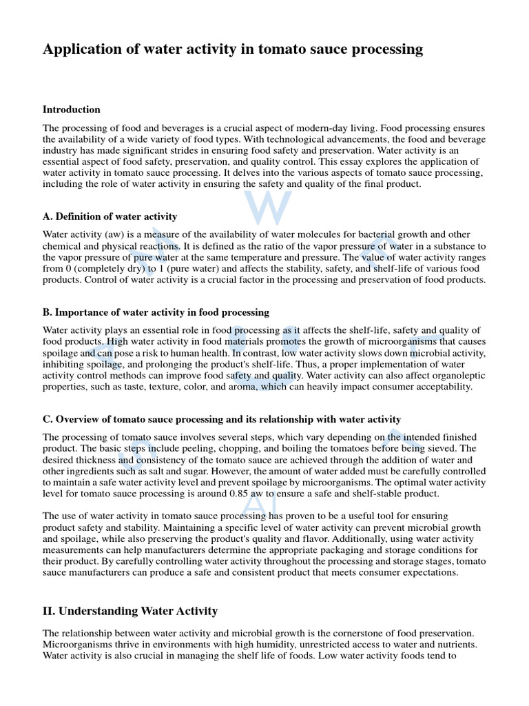 Water Activity in Tomato Sauce Processing | PDF | Water | Food Preservation