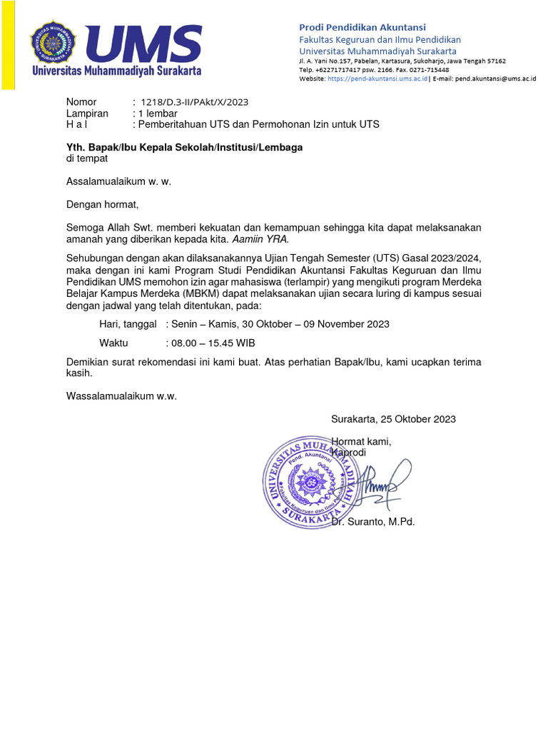 Izin UTS Mahasiswa MBKM UMS 2023 | PDF