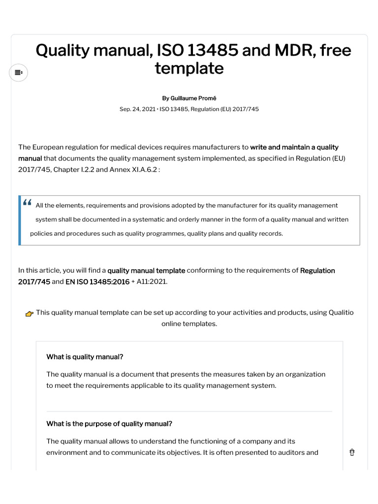 Quality Manual, IsO 13485 and MDR, Free Template | PDF | Quality ...
