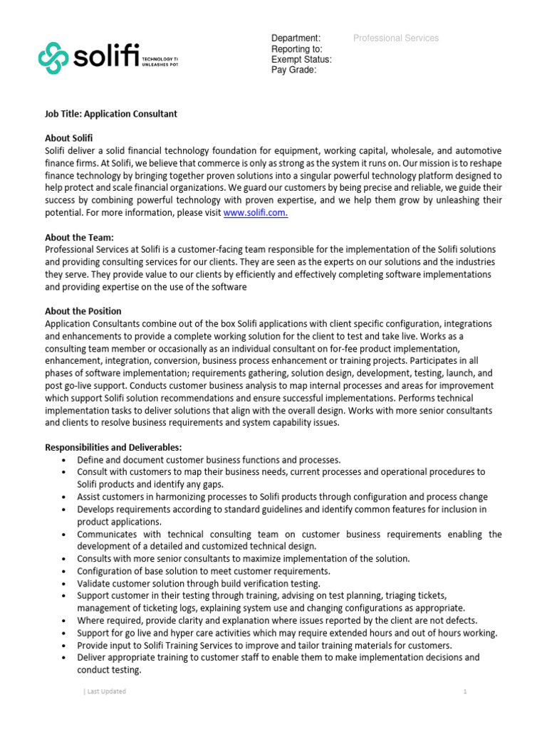 Solifi - Application Consultant | PDF