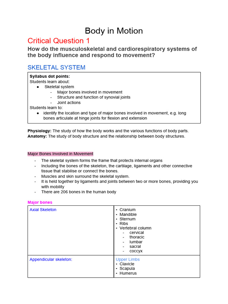 Core 2 PDHPE - Body in Motion Study Notes | PDF | Anatomical Terms Of ...