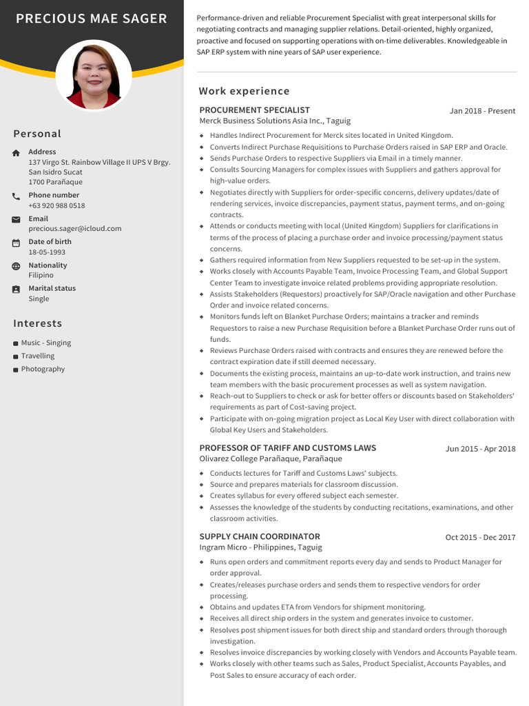 CV Precious Mae Sager 1 | PDF | Accounts Payable | Supply Chain