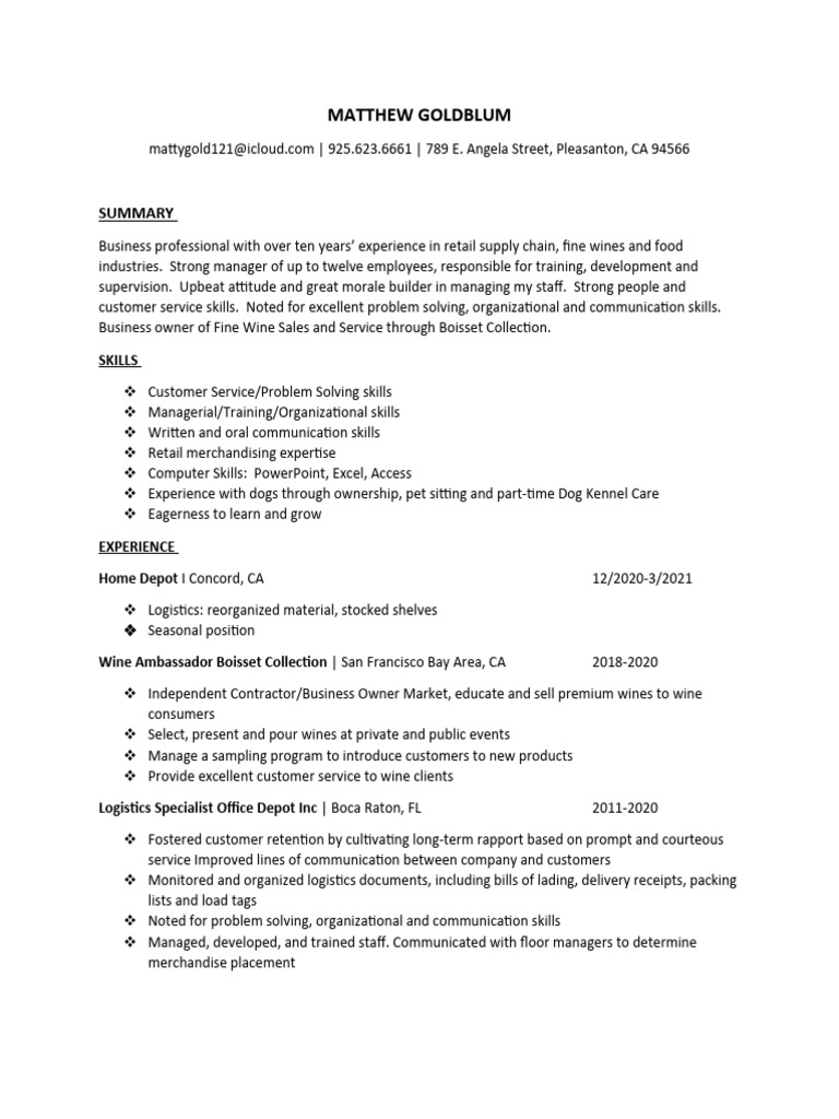 MATTHEW GOLDBLUM Resume 3 | PDF | Logistics | Retail