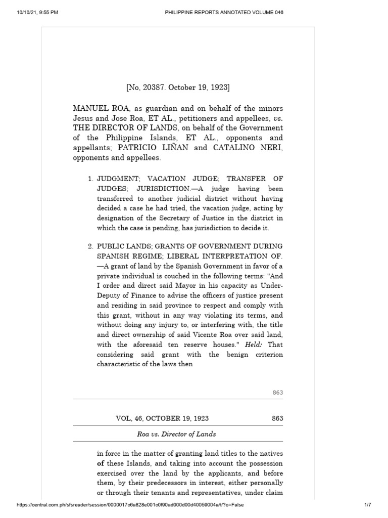 Roa vs. Director of Lands Case Summary | PDF | Appeal | Judge