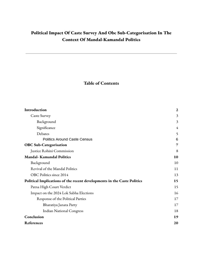 Political Impact of Caste Survey and OBC Sub Categorisation in The ...