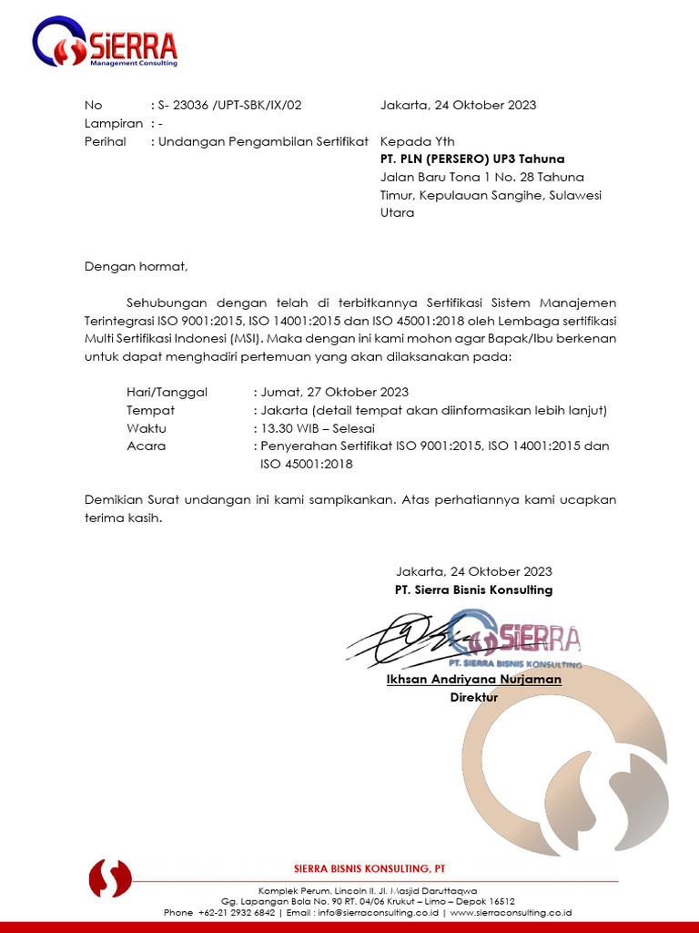 S-23036 Undangan Pengambilan Sertifikat ISO - Rev | PDF