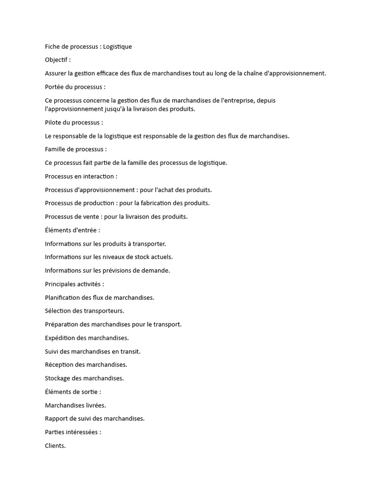 Fiche de processus logistique détaillée | PDF | Logistique | Planification
