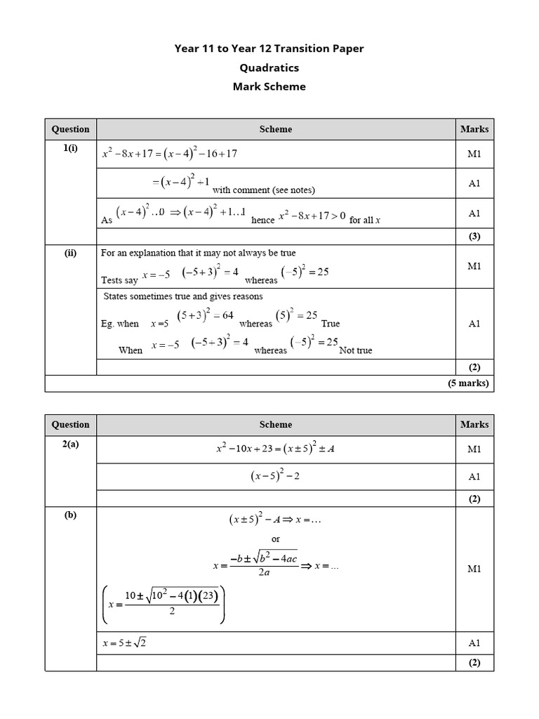Chapter 2 Quadratics Mark Scheme | PDF | Quadratic Equation | Mathematics