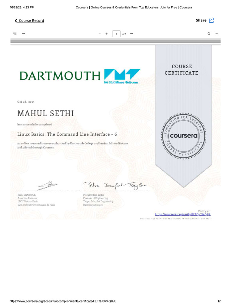 Coursera Certificate Linux Basics | PDF