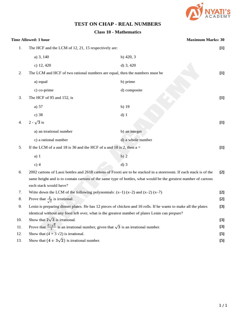 Test On Real Numbera | PDF | Numbers | Rational Number