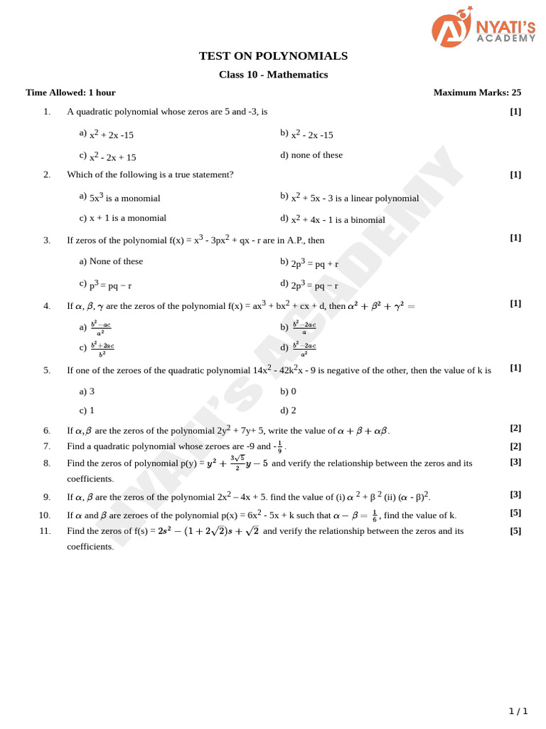 Class 10 Polynomial Test | PDF