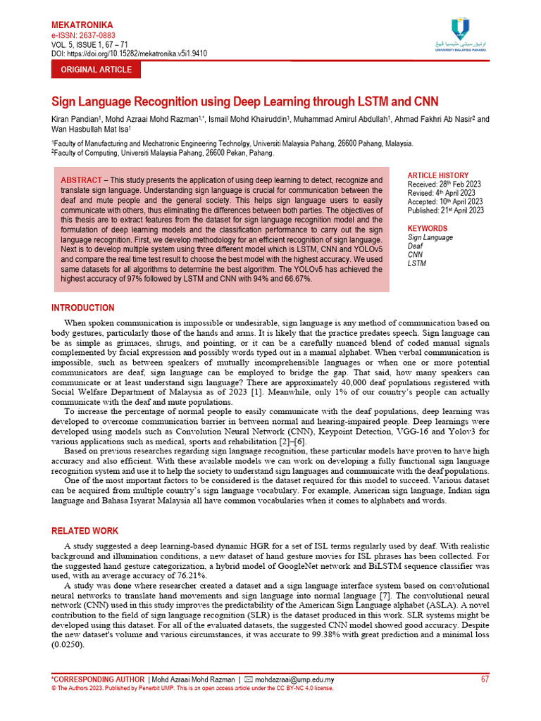 Sign Language Recognition Using Deep Learning Through LSTM and CNN | Download Free PDF | Deep ...