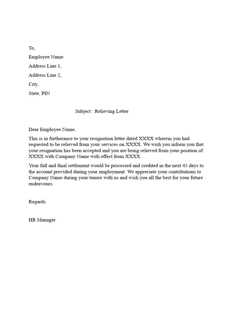 Relieving Letter Template for Employees | PDF | Law