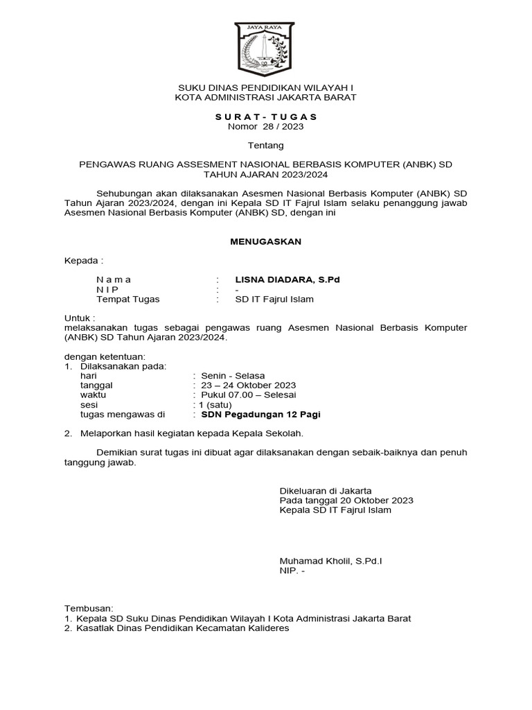 Surat Tugas Pengawas Ruang Anbk | PDF