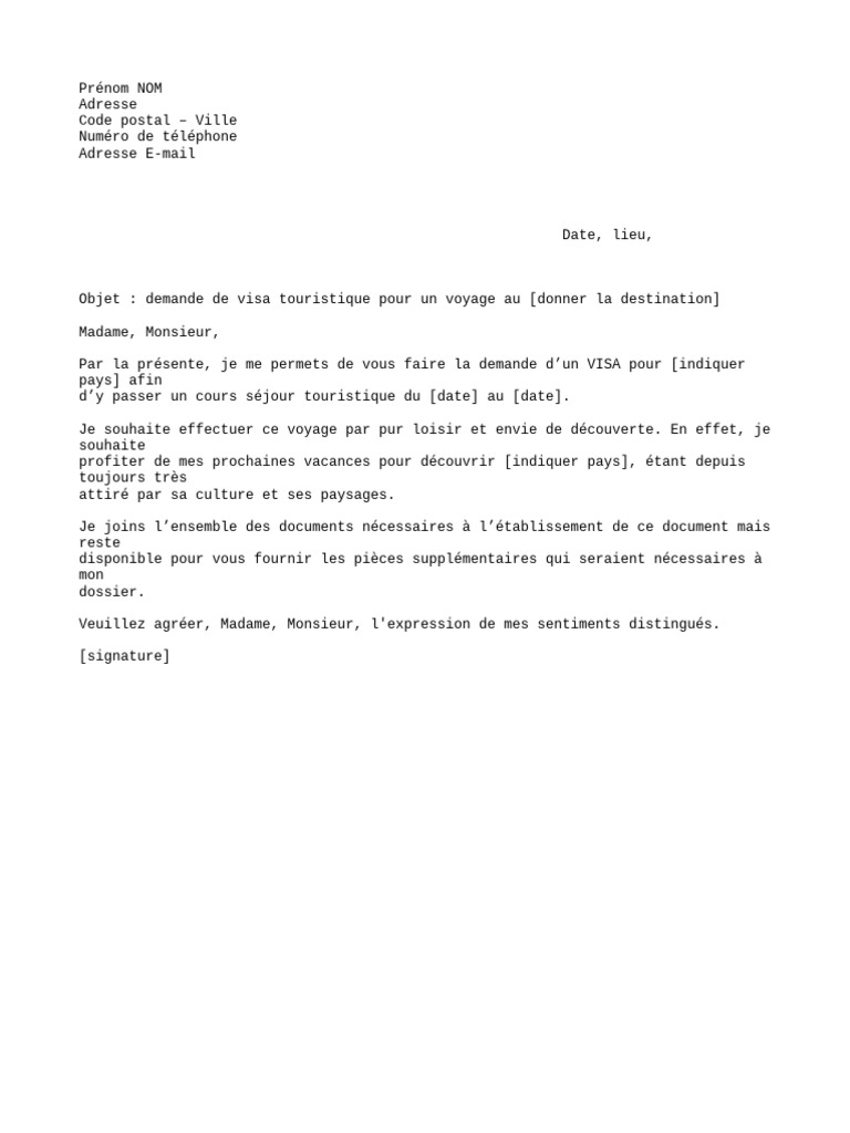 Lettre Demande Visa Touristique | PDF