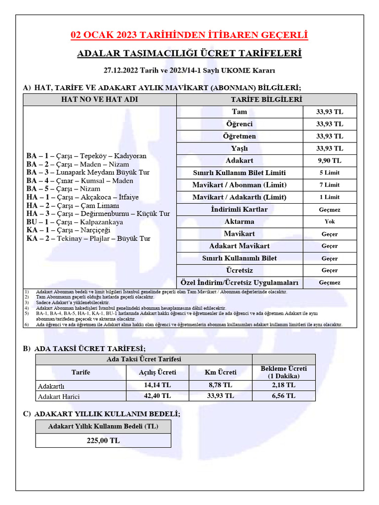 Adalar Tas Imacılıg I U Cret Tarifeleri | PDF