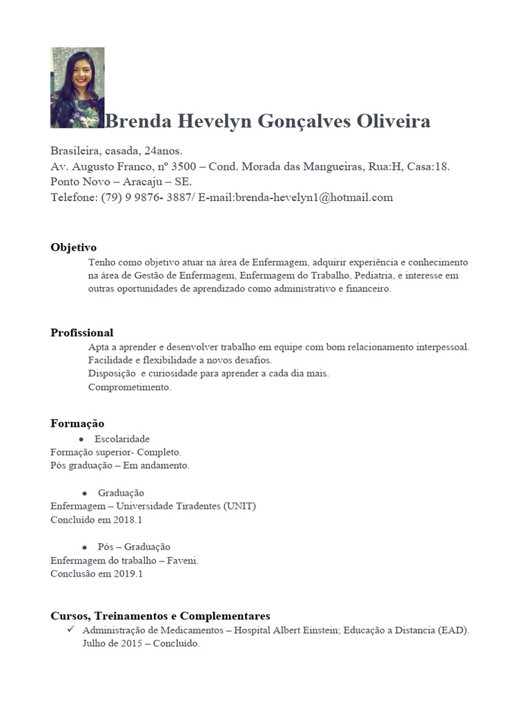 CV - Oliveira, Brenda - RTF (629) Atualizado | PDF | Enfermagem ...