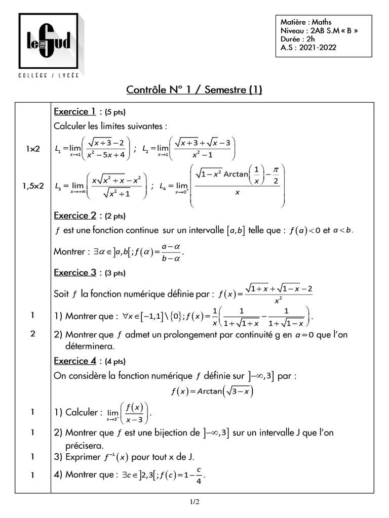 Contrôle 1-semestre 1 Maths 2AB S.M 21-22 | PDF