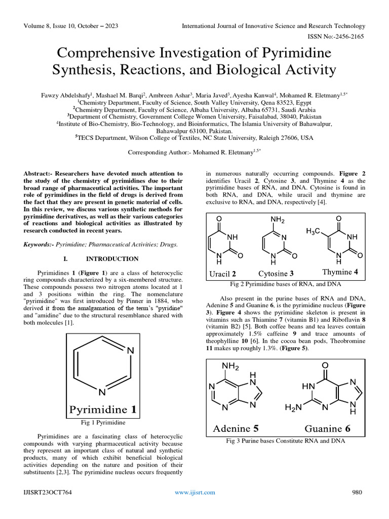 Comprehensive Investigation of Pyrimidine Synthesis, Reactions, and Biological Activity | PDF ...