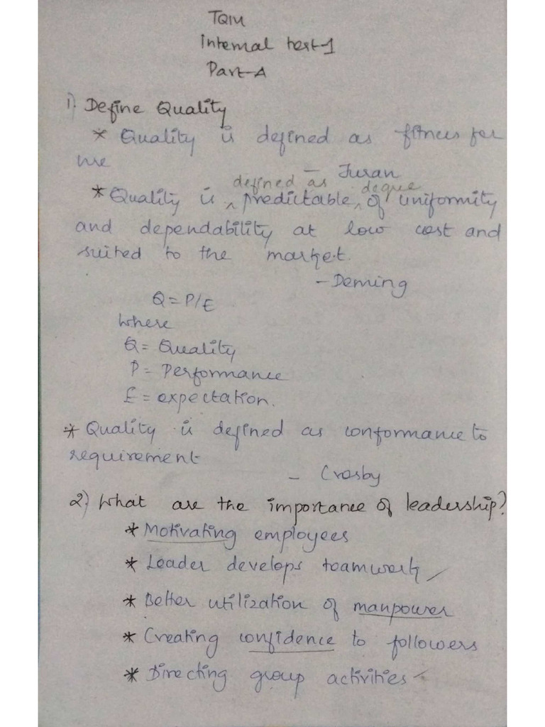 TQM Internal Exam 1 (2 Marks) | PDF