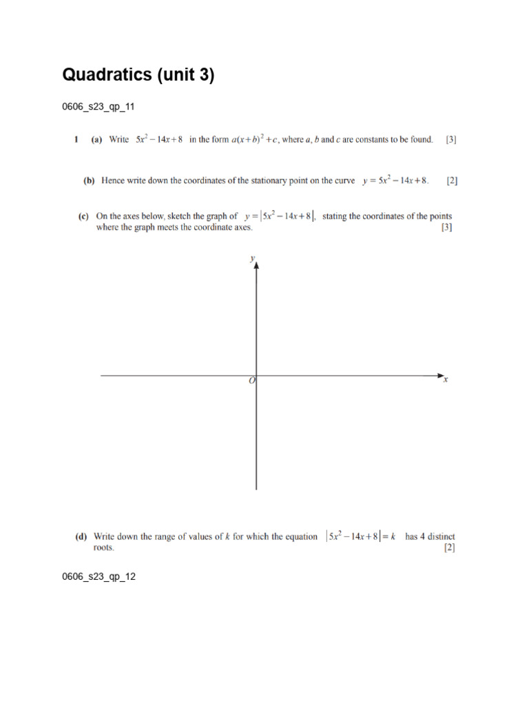 Unit 3 - Quadratics Worksheet (IGCSE ADDITIONAL MATHEMATICS) | PDF