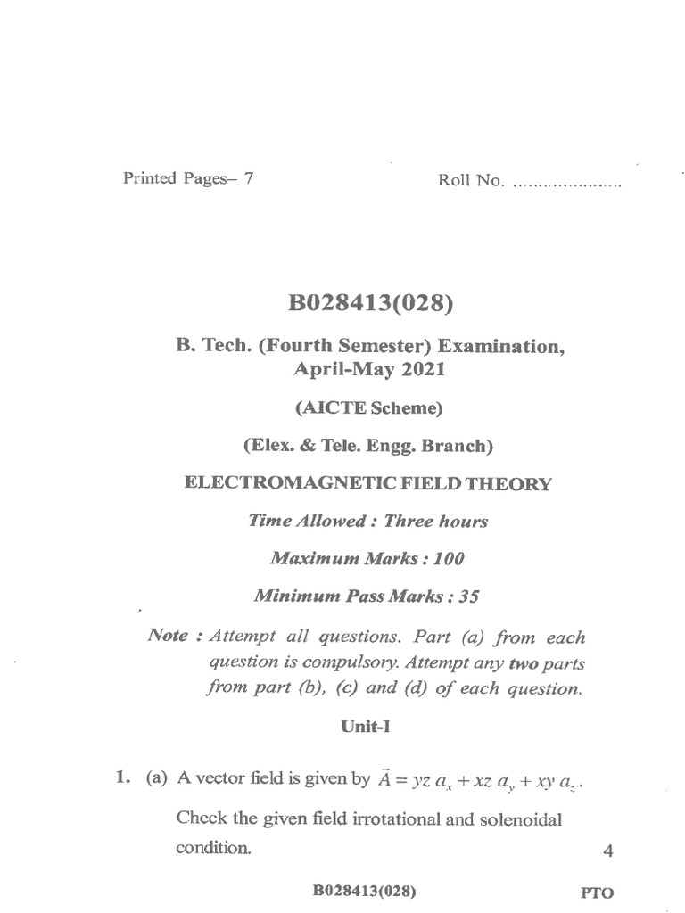 Btech Ete 4 Sem Electromagnetic Field Theory b028413 May 2021 | PDF