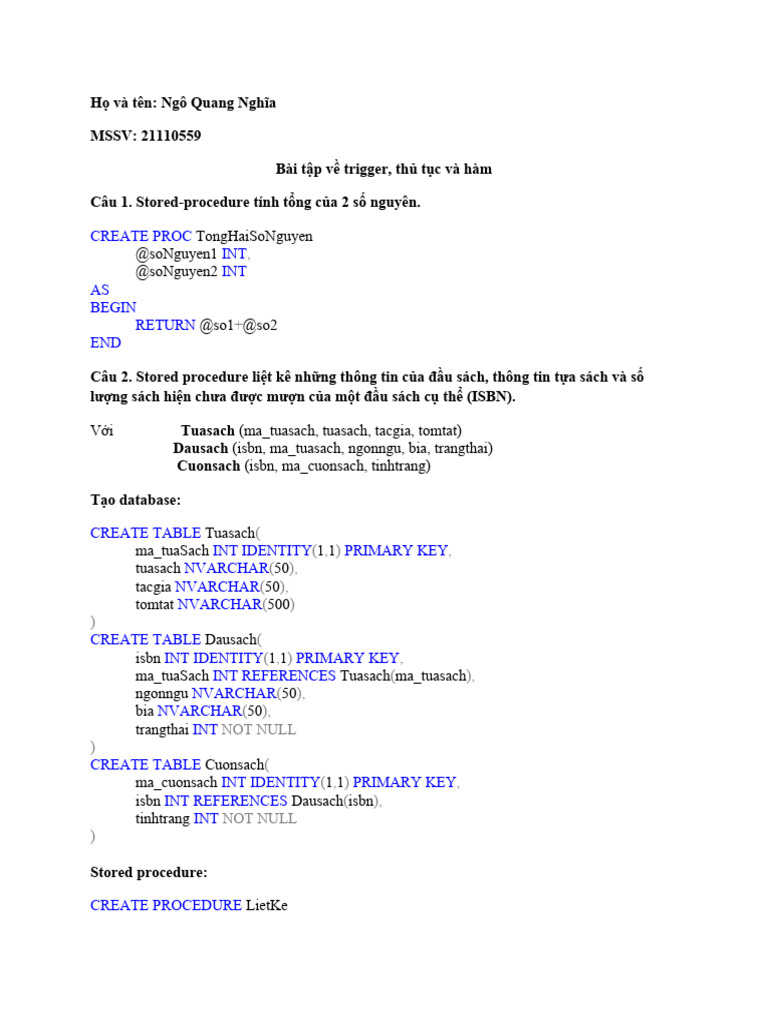 N13 BaiTapTriggerFunctionStoreProcedure 21110559 NgoQuangNghia | PDF