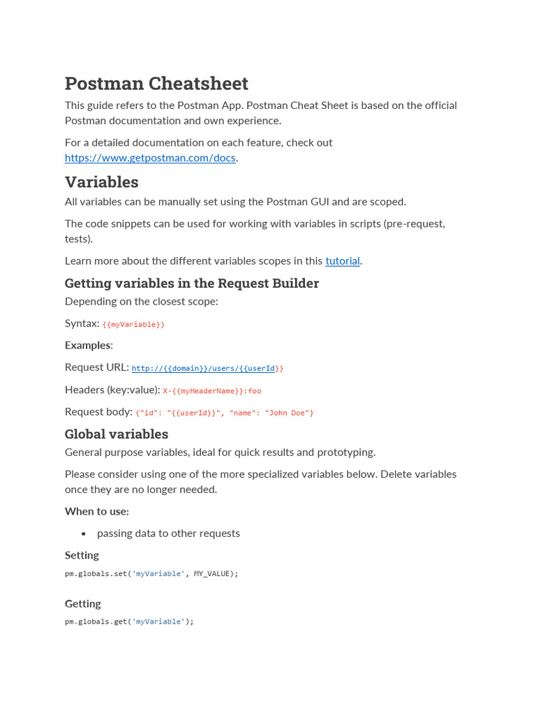 Postman Cheatsheet | PDF | Variable (Computer Science) | Scope (Computer Science)
