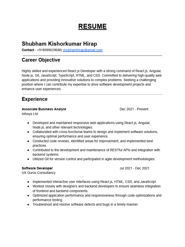 Resume: Shubham Kishorkumar Hirap | PDF | Java Script | Technology Development