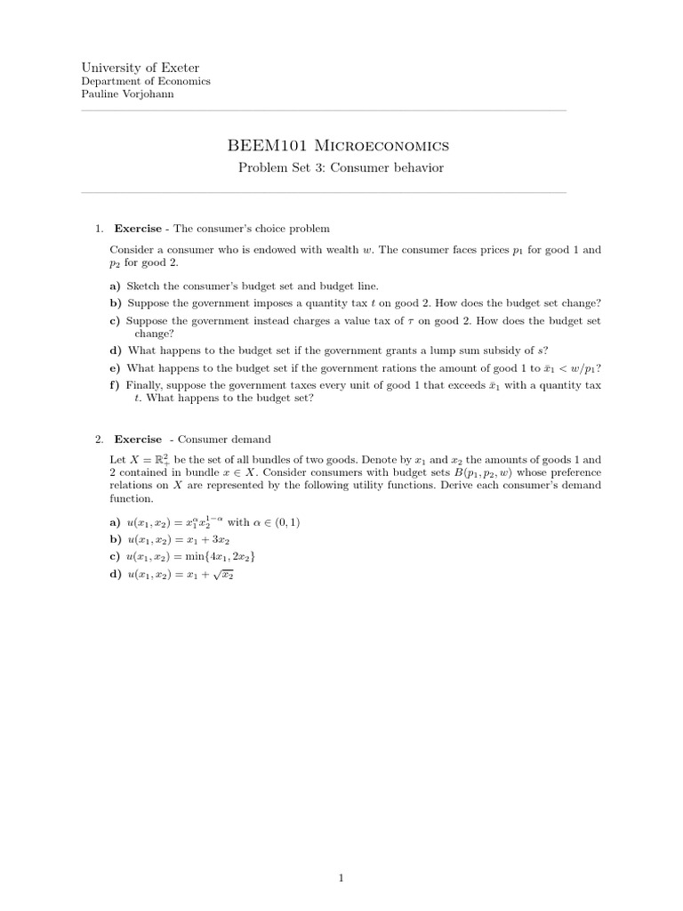 BEEM101 Microeconomics Problem Set 3 | PDF