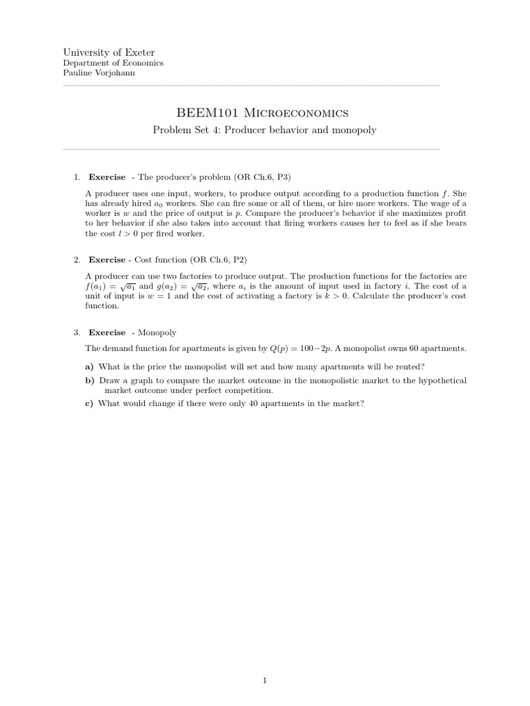 BEEM101 Microeconomics Problem Set 4 | PDF