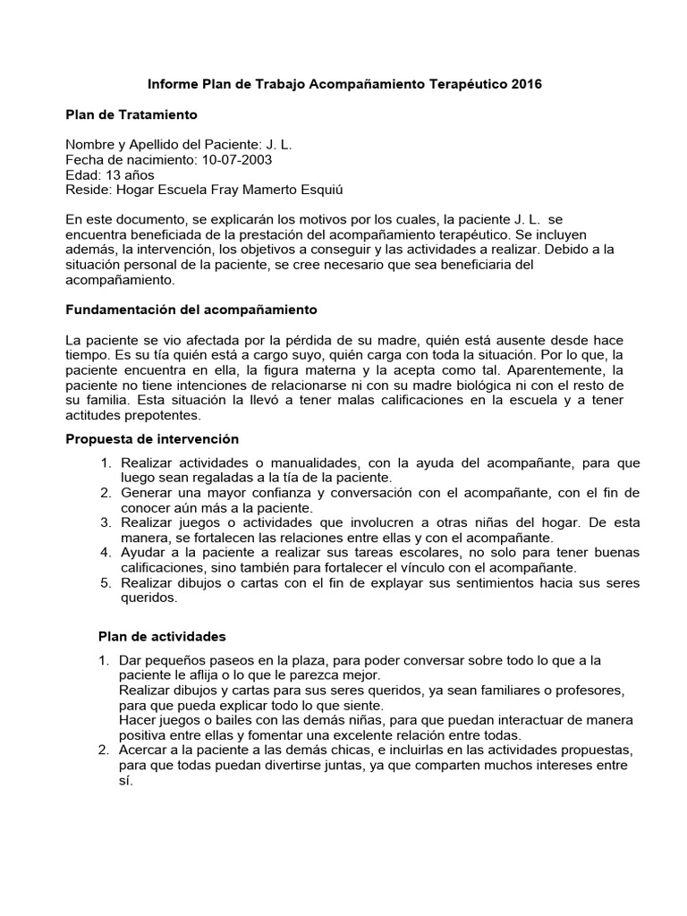 Informe Plan de Trabajo Acompanamiento Terapeutico | PDF
