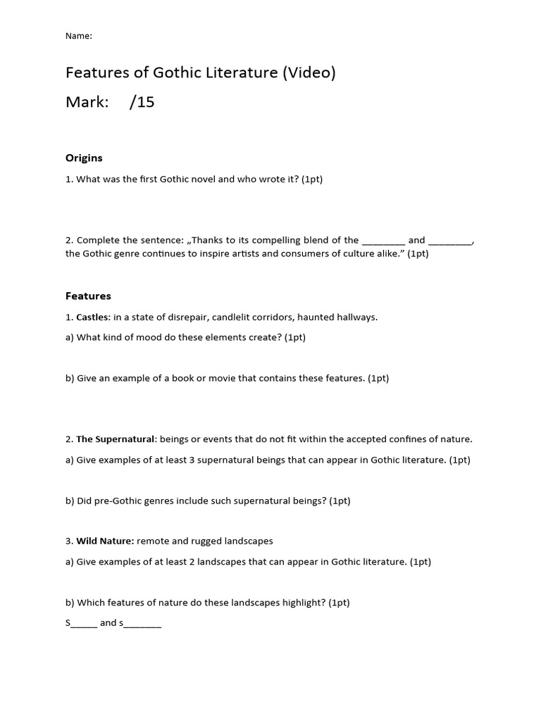 Features of Gothic Literature Questions | PDF | Gothic Fiction