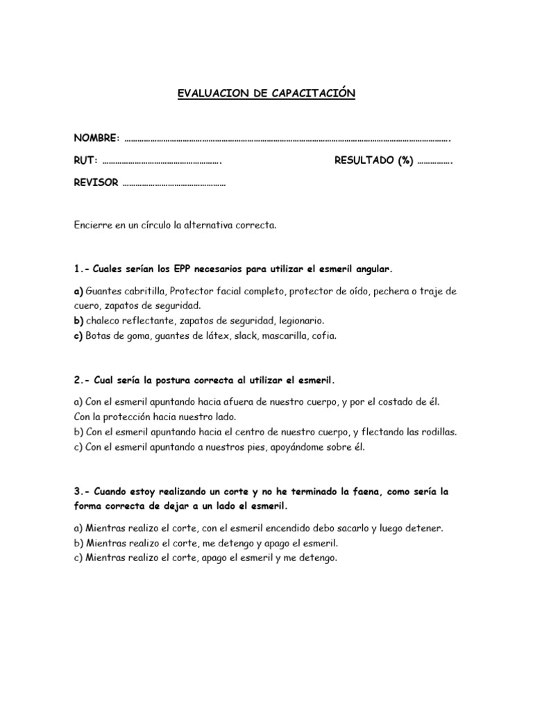 EVALUACION Uso de Esmeril Angular | PDF