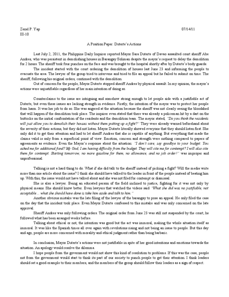 Position Paper On Mayor Duterte | PDF | Rodrigo Duterte | Morality