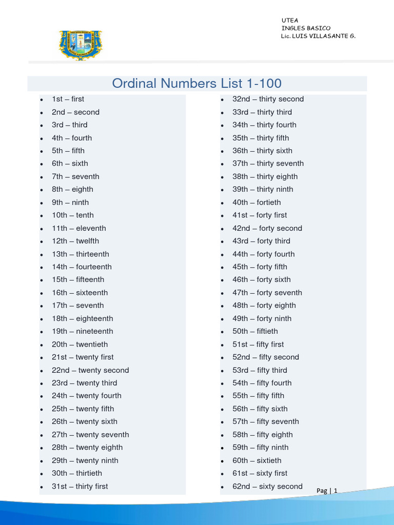12 Ordinal Numbers List 1-100 | PDF