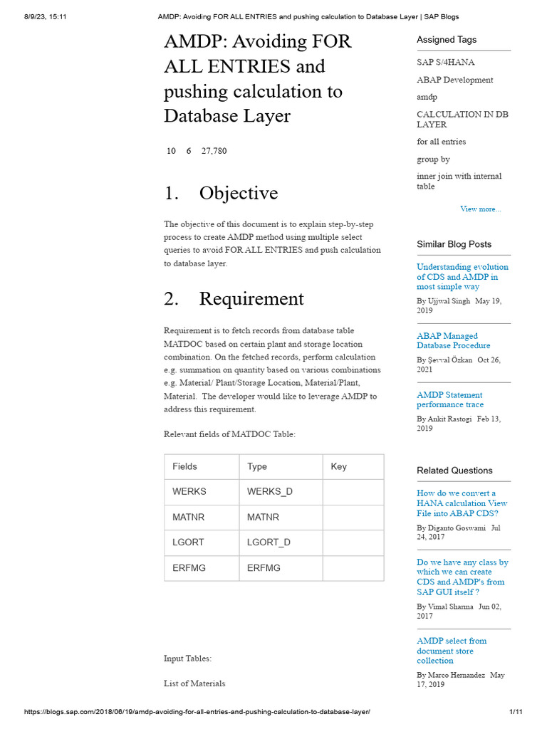AMDP - Avoiding FOR ALL ENTRIES and Pushing Calculation To Database Layer - SAP Blogs | PDF ...