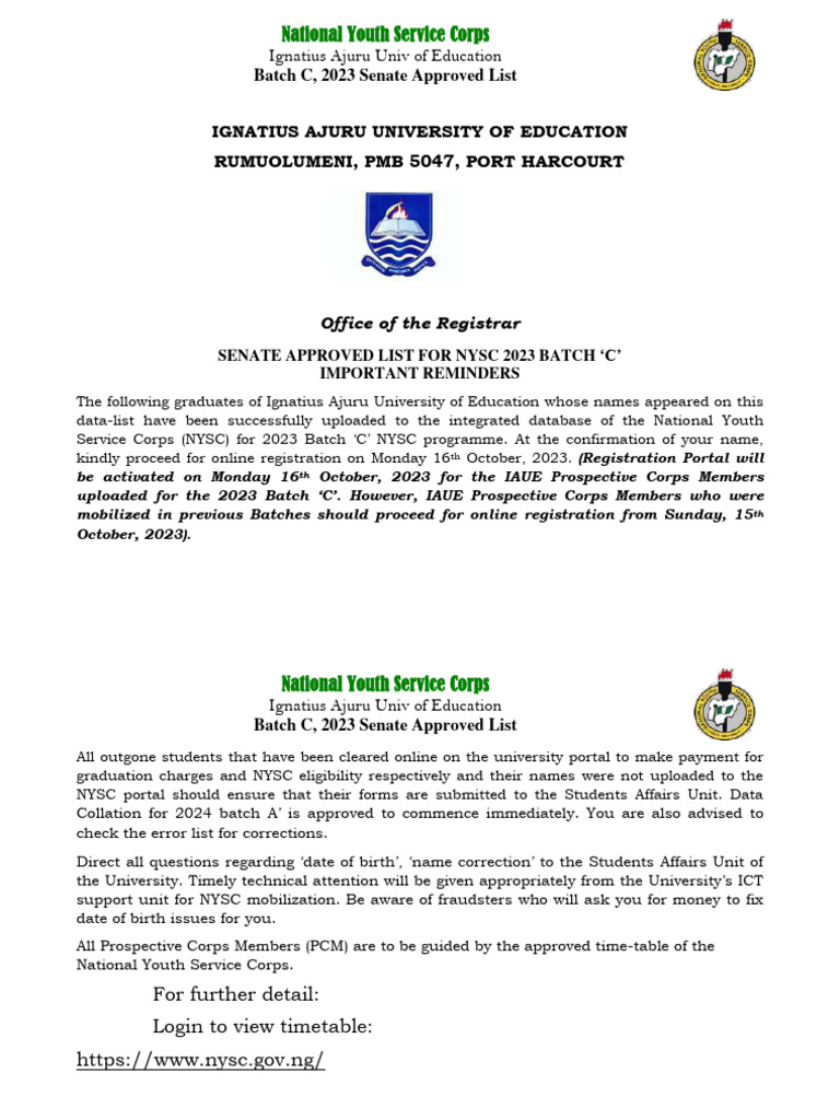 2023 Batch C NYSC Mobilization LIST For IAUE | PDF | African Union ...