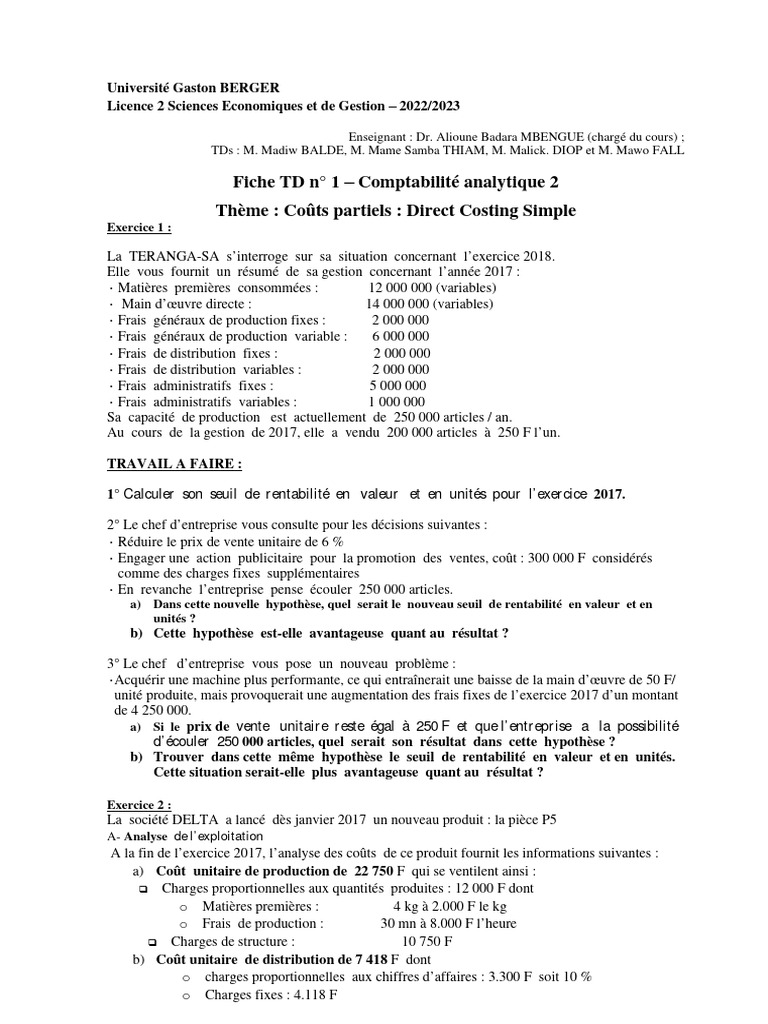 Fiche TD 1 Compta Ana 2 L2 SEG DR ABM 2023 | PDF